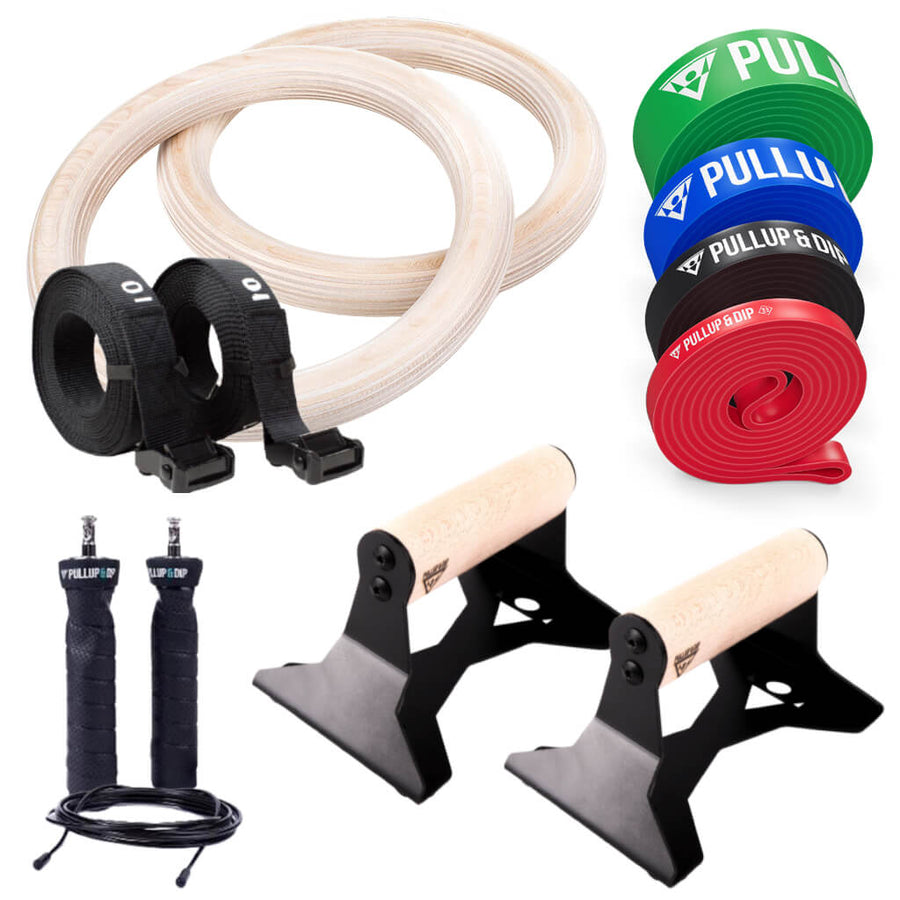 Calisthenics Starter Set of Rings, Bands, Push-up Bars & Jump Rope