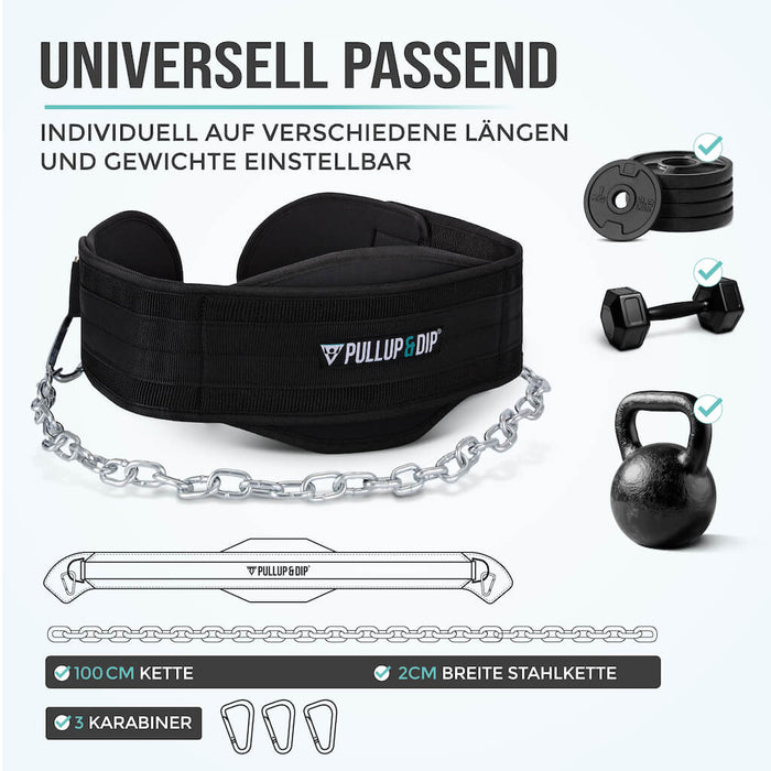 Premium Dip Belt with Chain, Carabiners and Unique Flaps.