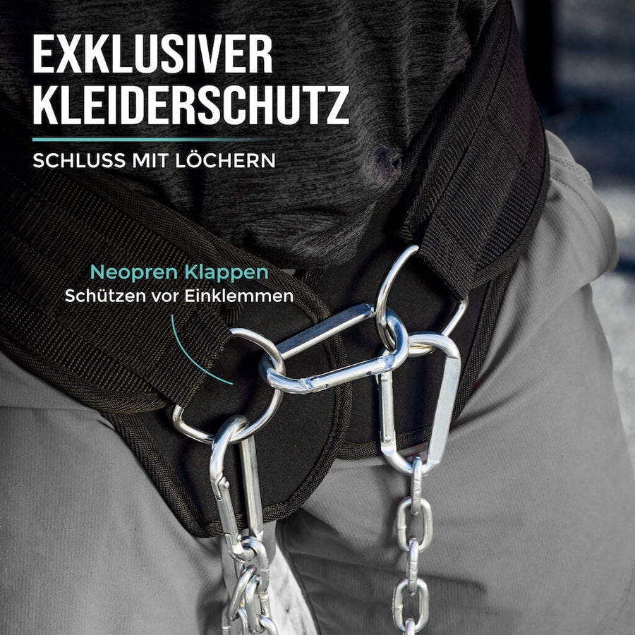 Premium Dip Belt with Chain, Carabiners and Unique Flaps.