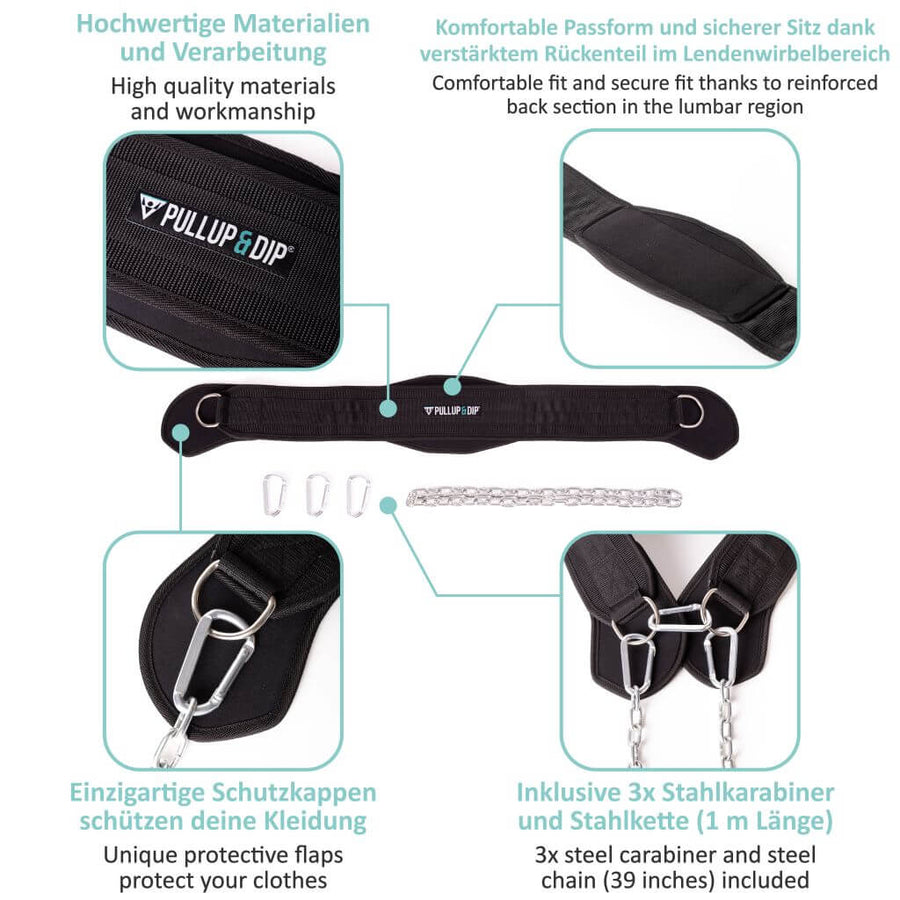 Premium Dip Belt with Chain, Carabiners and Unique Flaps.