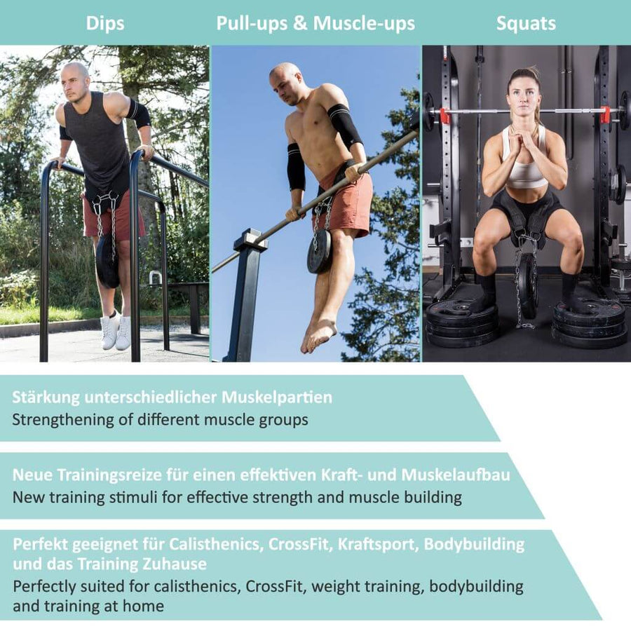 Premium Dip Belt with Chain, Carabiners and Unique Flaps.