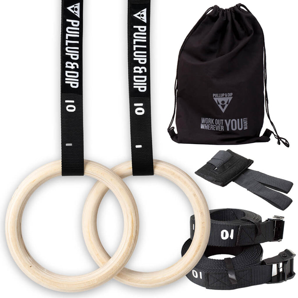 Wooden Gymnastic Rings With Straps, Door Anchor + Sports Bag
