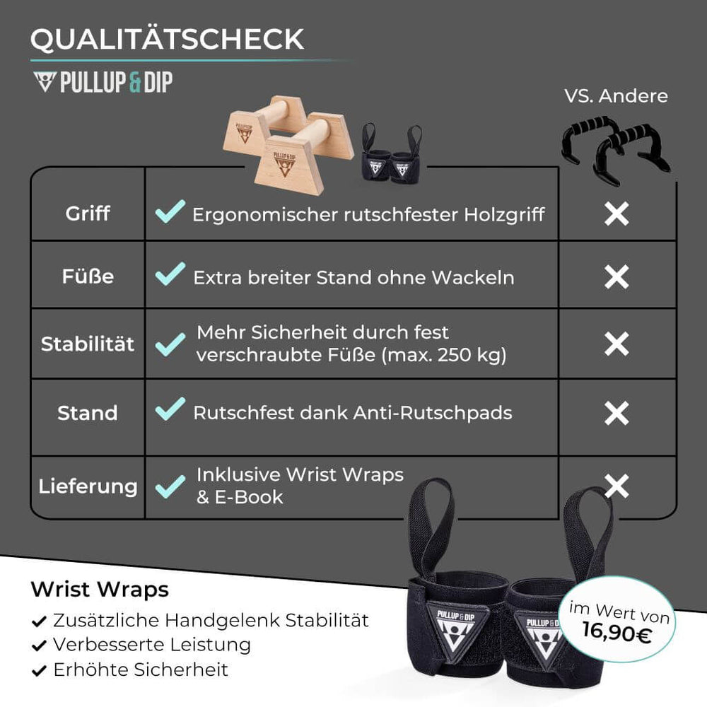 Wooden Push-up Handles With Ergonomic Handle incl. Wrist Wraps